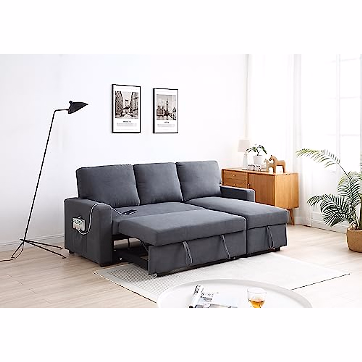 uhome Upholstered Sleeper Sofa with USB Ports sectional Couch Reversible Sofabed, Full XL, Black