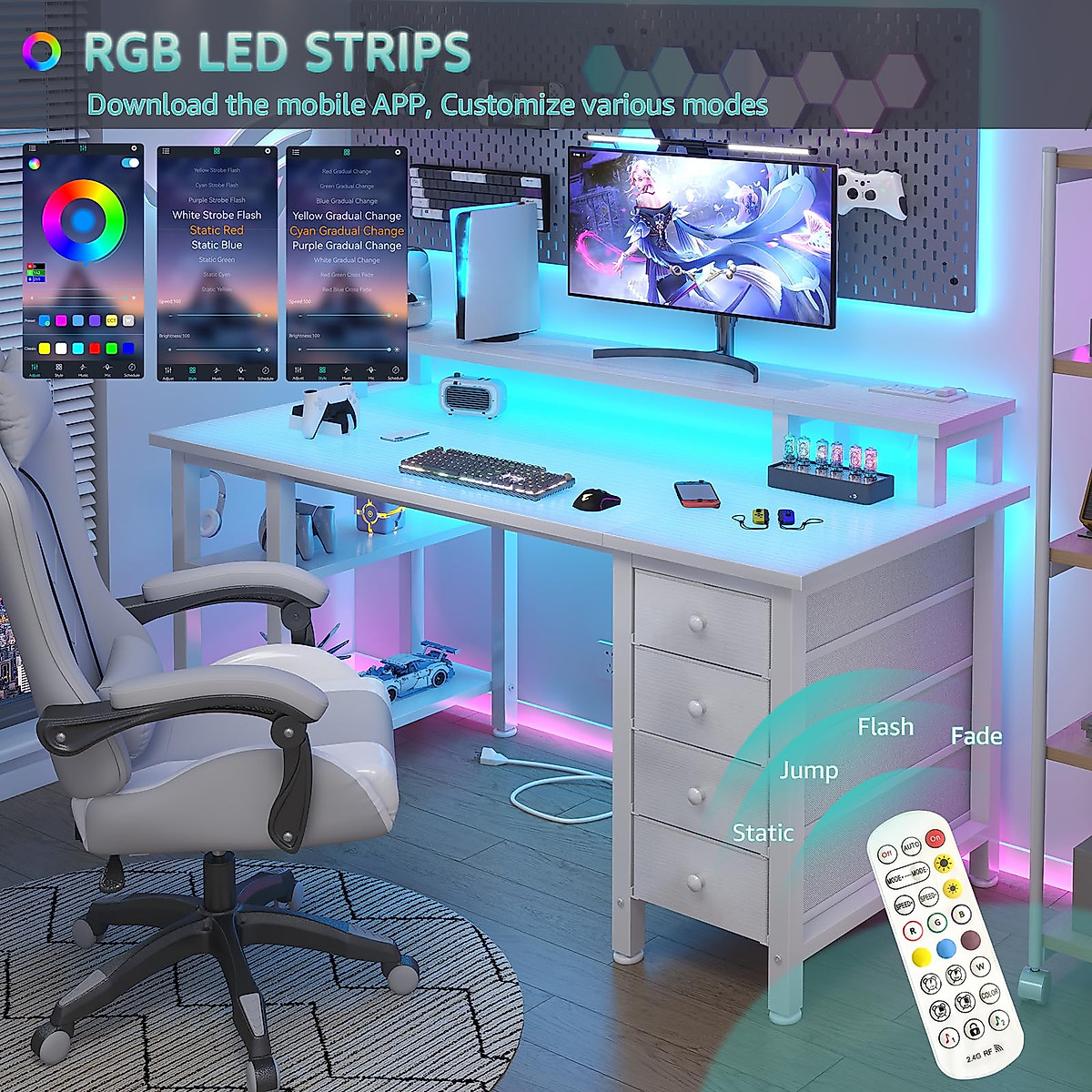 Lufeiya White Gaming Desk with Fabric Drawers and Storage Shelves, 47 inch Home Office Desk with Monitor Stand, Computer Desk with LED Lights and Power Outlets, White