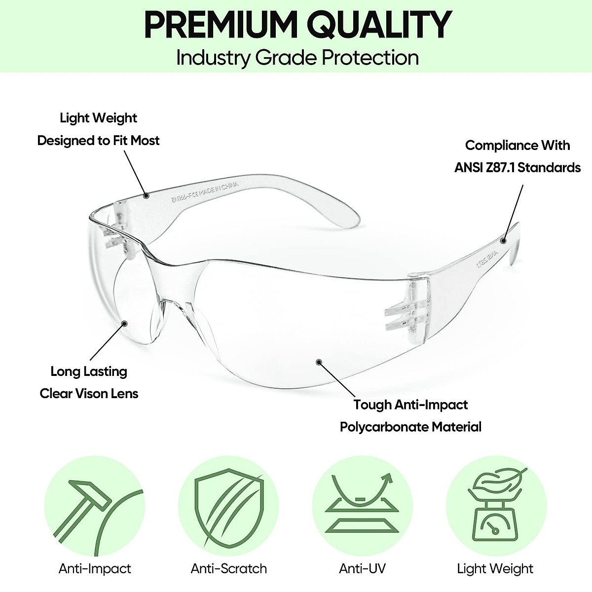 TICONN 3 Clear Safety Glasses for Men, Safety Goggles with Scratch Impact Resistant Meets ANSI Z87.1 Standard (3 Pack)