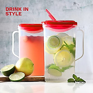Pitcher 50 Oz. (Set of 2) Plastic Pitcher with Lid | Jug for Fridge | Juice Container with Lid | Iced Tea Pitcher | Airtight Pitcher with Spout Perfect for Lemonade, Water. BPA Free, Red (Small)
