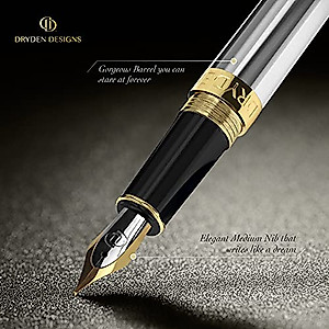 Dryden Designs Fountain Pen - Medium Nib 0.5mm | Includes 6 Ink Cartridges (3 Black, 3 Blue), Notebook Clips and Ink Refill Converter | - Silver.