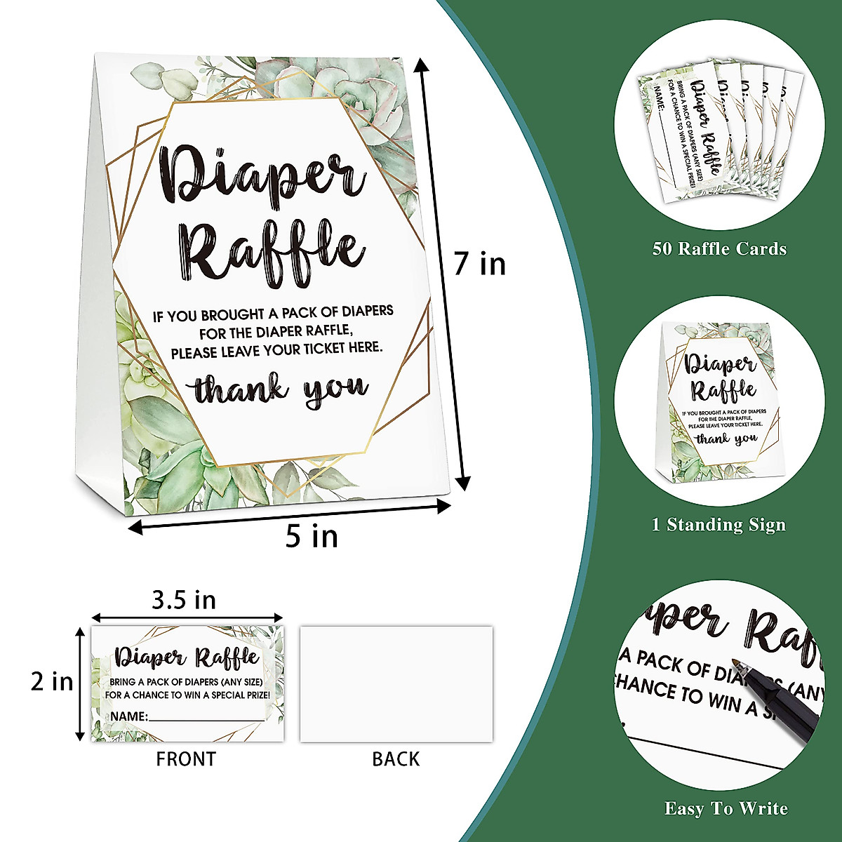 Diaper Raffle Baby Shower Game Set(1 Standing Sign + 50 Guessing Cards), Greenery Diaper Raffle Tickets for Baby Shower, Gold Foil Baby Shower Party Favor Decor - A13