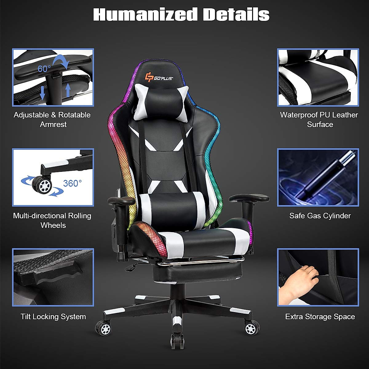 Goplus Massage Gaming Chair with RGB Light, Reclining Backrest Handrails and Seat Height Adjustment Racing Computer Office Chair with Footrest, Ergonomic High Back PU Swivel Game Chair