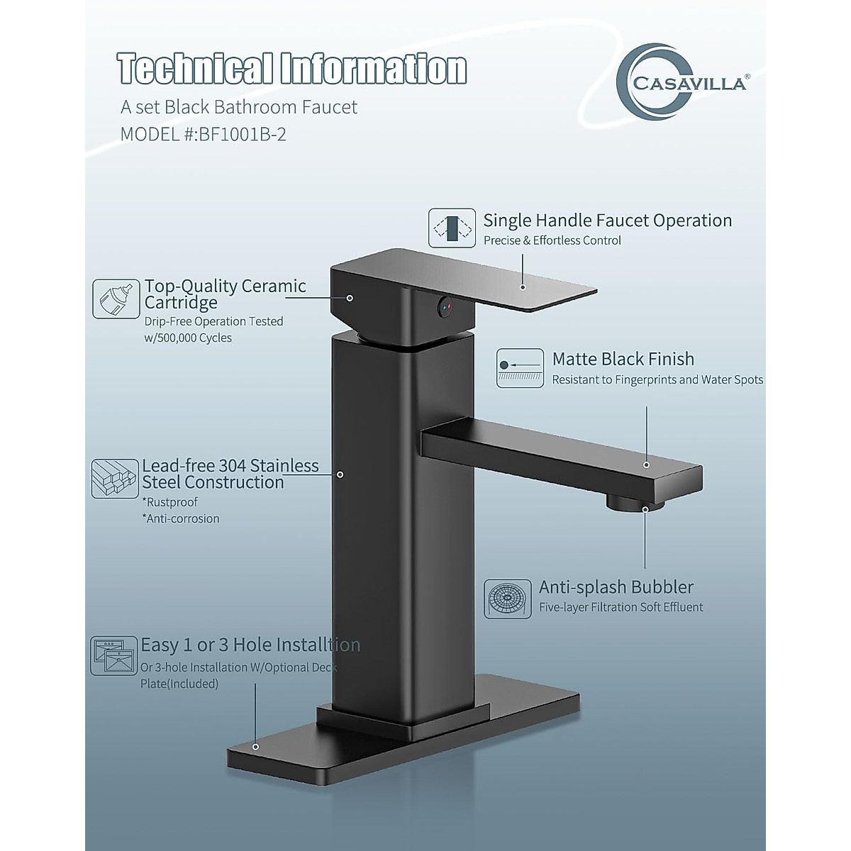 Casavilla Bathroom Faucet Set with Pop Up Drain, Single Handle Black Bathroom Sink Faucet with Deck Plate, Vanity Faucet for Bathroom Sink (1 Hole or 3 Holes), Farmhouse RV Sink Faucet-2 Sets