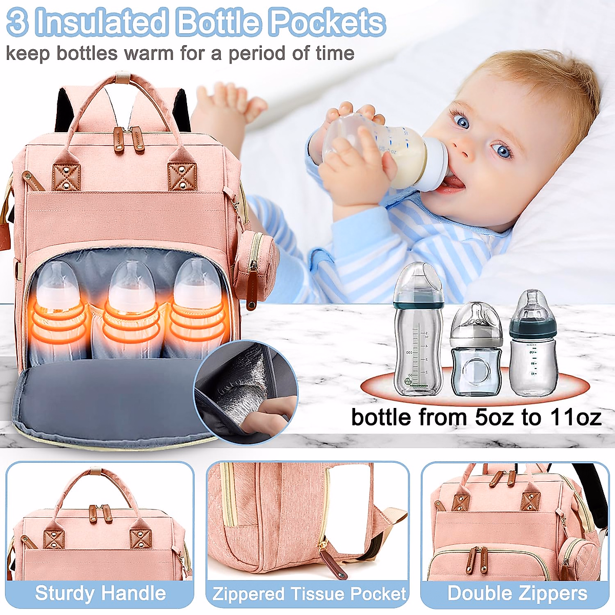 SHITIESHOU Diaper Bag Backpack Baby Bag, Baby Girl Boy Diaper Bag for Dad Mom with Pad,16 Pockets, Pacifier Case, Large Diaper Bag Unisex for Travel (Orange Pink)