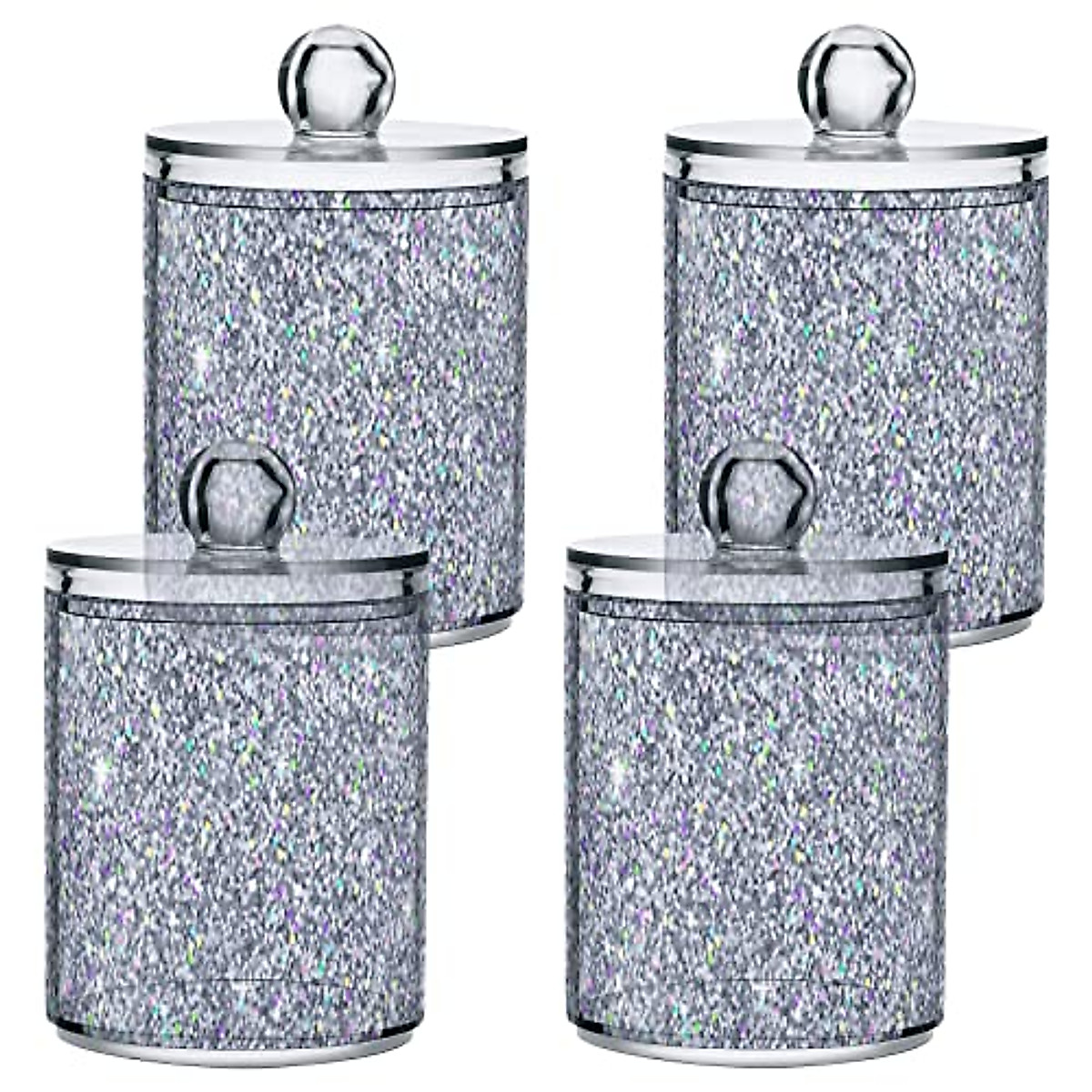 xigua 4 Pack Gray Glitter Texture Apothecary Jars with Lid, Qtip Holder Storage Jars for Cotton Ball, Cotton Swab, Cotton Round Pads, Clear Plastic Canisters for Bathroom Vanity Organization (10 Oz)