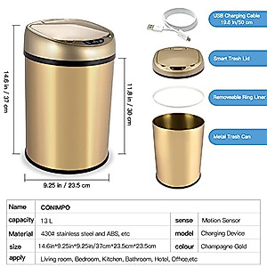 CONIMPO 3.5 Gallon Automatic Touchless Trash Can, Stainless Steel Infrared Motion Sensor Trash Can Smart Garbage Can with Lid for Kitchen Bathroom Bedroom Living Room Office (Champagne Gold)