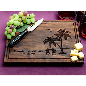 Straga Personalized Cutting Boards | Handmade Wood Engraved Charcuterie | Custom Wedding, Anniversary, Birthday Gift for Couples, Beach Lovers (Tropical Beach Design No.409)