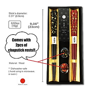 Premium Japanese Chopsticks Reusable with Chopsticks Rest Set of 2 Pairs[ Made in Japan ] Traditional Lacquer Art Wooden Chopsticks (Gold Flower BK/RD(MK018))
