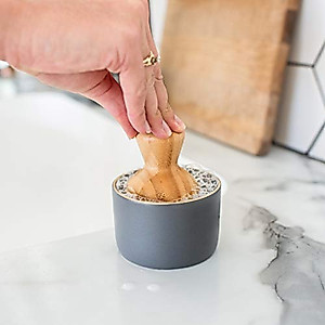 Full Circle Bubble Up Ceramic Dispenser & Bamboo Handle Brush – Replaceable Kitchen Dish Scrubber with Soap Holder, Gray, Dispenser, Grey/White