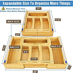 Expandable Ziplock Bag Storage Organizer - 8 IN 1 Foil and Plastic Wrap Dispenser with Cutter, Kitchen Drawer Organizer for Gallon, Quart, Sandwich & Snack Bag, 12.9" Aluminum Foil, etc