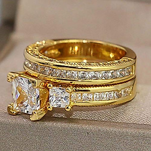 ringheart Couple Rings Three stone Yellow Gold Filled Princess cut Cz Womens Wedding Ring Sets Titanium Wedding Band