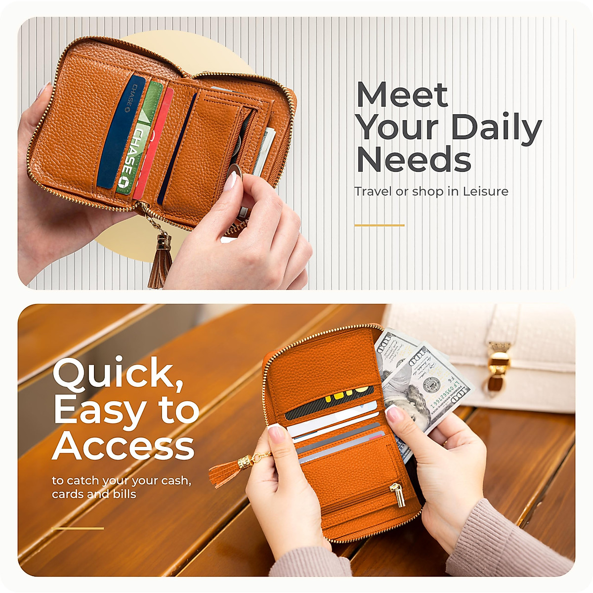 Claasico RFID Small Zipper Wallet for Women, Ladies Genuine Leather Bifold with Coin Zipper Pocket w/Anti-Theft Travel Protection