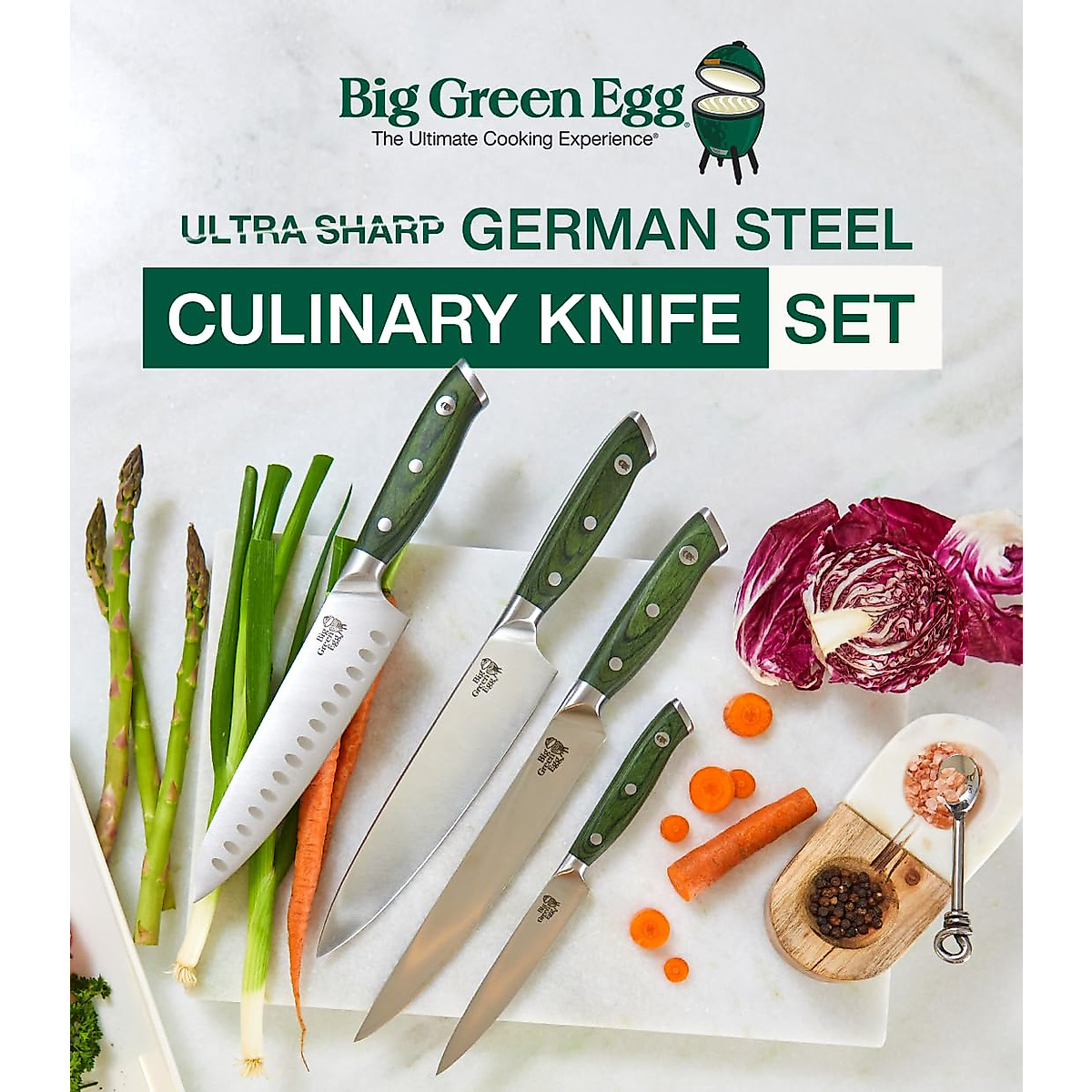 Big Green Egg Culinary Chef Knife Set (4 piece) with Case - German Steel Knives, 8” Chef Knife, Santoku Knife, Slicing Knife, and Paring Knife. Best Chef Knife Set