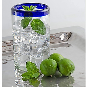 Orion Cobalt Blue Rim Tall Tumbler - 22 oz - Set of 6 - Handmade Mexican Glassware | Hand blown | Vibrant Colors | Restaurant Grade | Lead-Free Drinking Glasses