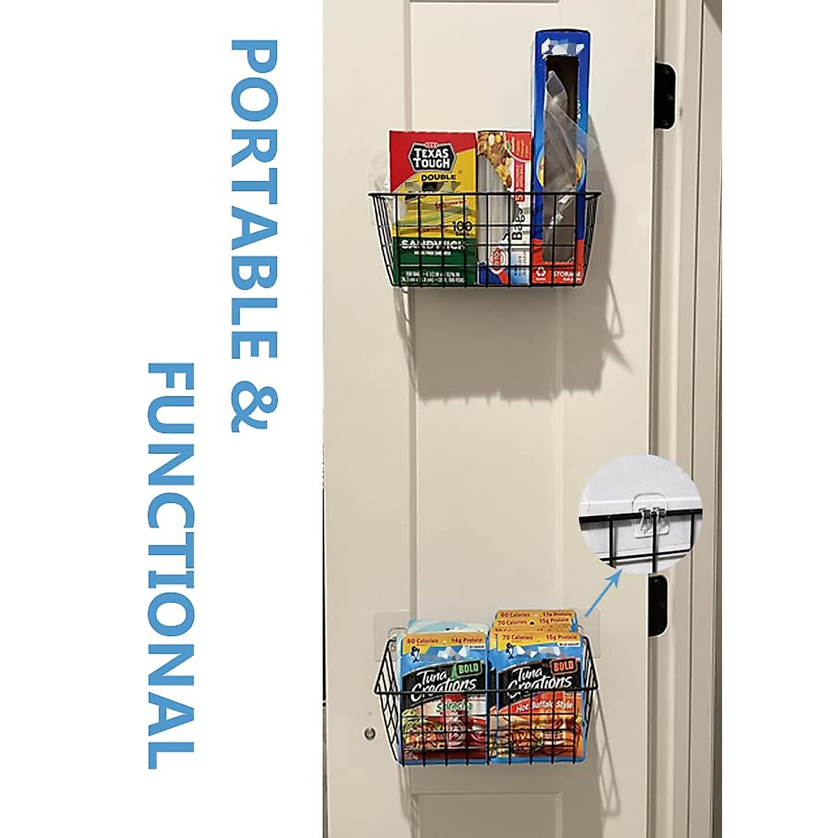 MaraFansie Hanging Kitchen Baskets Wire Storage Basket Adhesive Basket Over the Cabinet Door Organizer No Drilling, for Cabinet Pantry Organization and Kitchen, Bathroom, Storage, 2 Pack, Black