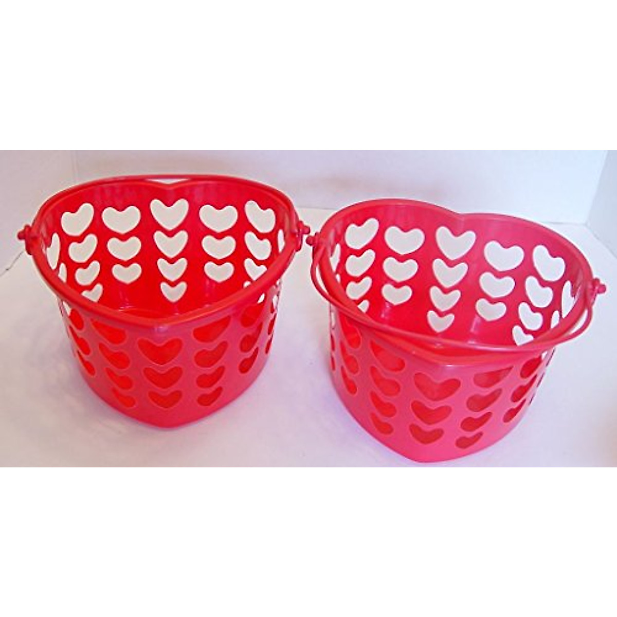 Set of 2 Red Heart Shaped Plastic Baskets with Handles 7" L X 8" W X 4 3/4" T