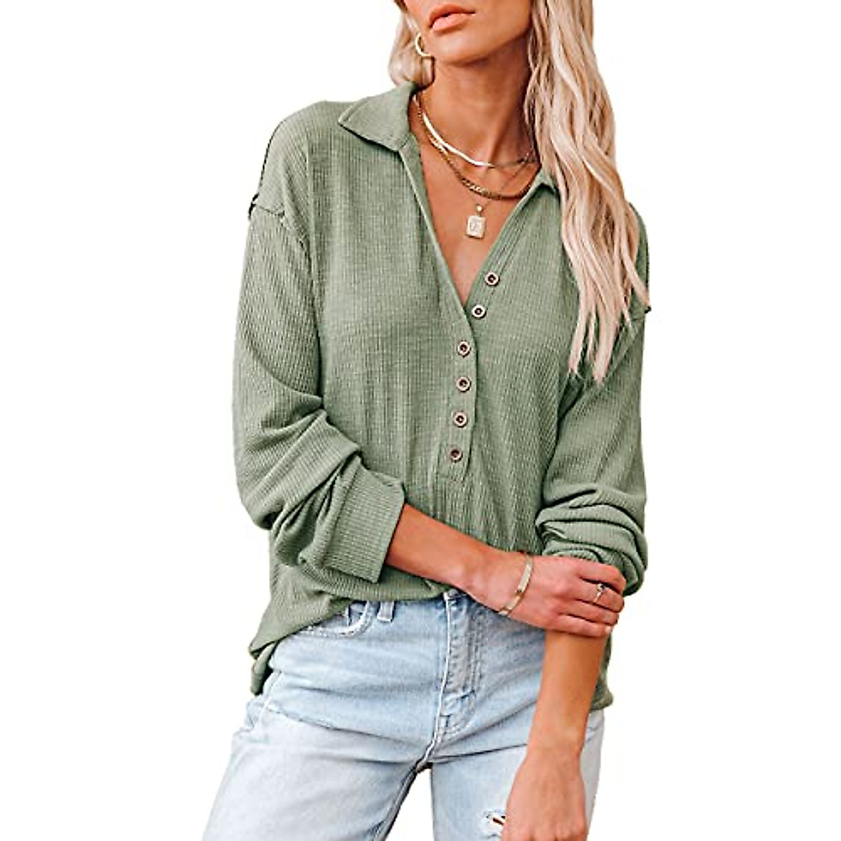 BTFBM Women Casual Button Down V Neck Blouses Long Sleeve Solid Color Stand Collar Knitted Fall Tops Cute Relaxed Fit Shirts(Solid Light Green, Small)