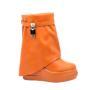 Liliana Women Round Toe Wedge Heel Fold Over Mid-calf Boots Brook-1 Orange Pu 8.5