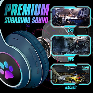 Mokata Gaming Headphone Wired AUX 3.5mm Over Ear Cat LED Light Fit Adult & Kids Foldable Stereo Headset Earmuffs with Microphone for PC PS4 Game Cellphone Laptop Pad H02 Navy Blue