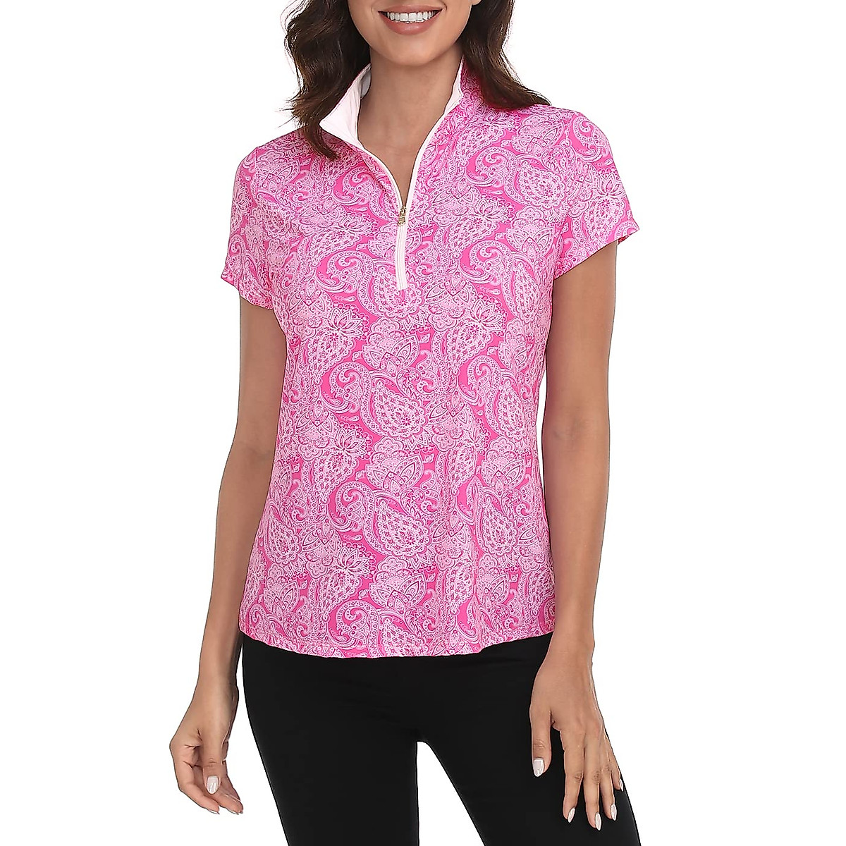 LRD Women's Golf Polo Shirts Short Sleeve Tennis Shirt UPF 30 Quarter Zip Up Pink Paisley/White - L