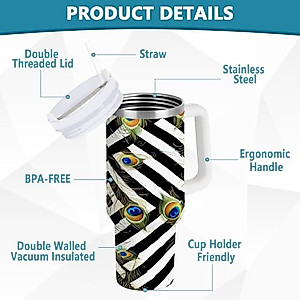 RPLIFE Vibrant Peacock Feathers Black White Striped Coffee Tumbler, Stainless Water Bottle, Cup with Lid