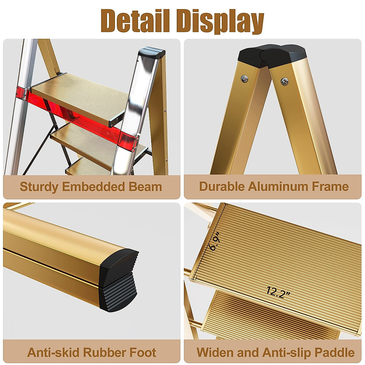 hismocal Foldable 3 Step Stool for Closet/Kitchen-Aluminium Gold Step Ladder Steps Stools, Folding 330lbs Lightweight Ladders with Anti-Slip Wide Pedal, Portable Kids/Adults Ladder