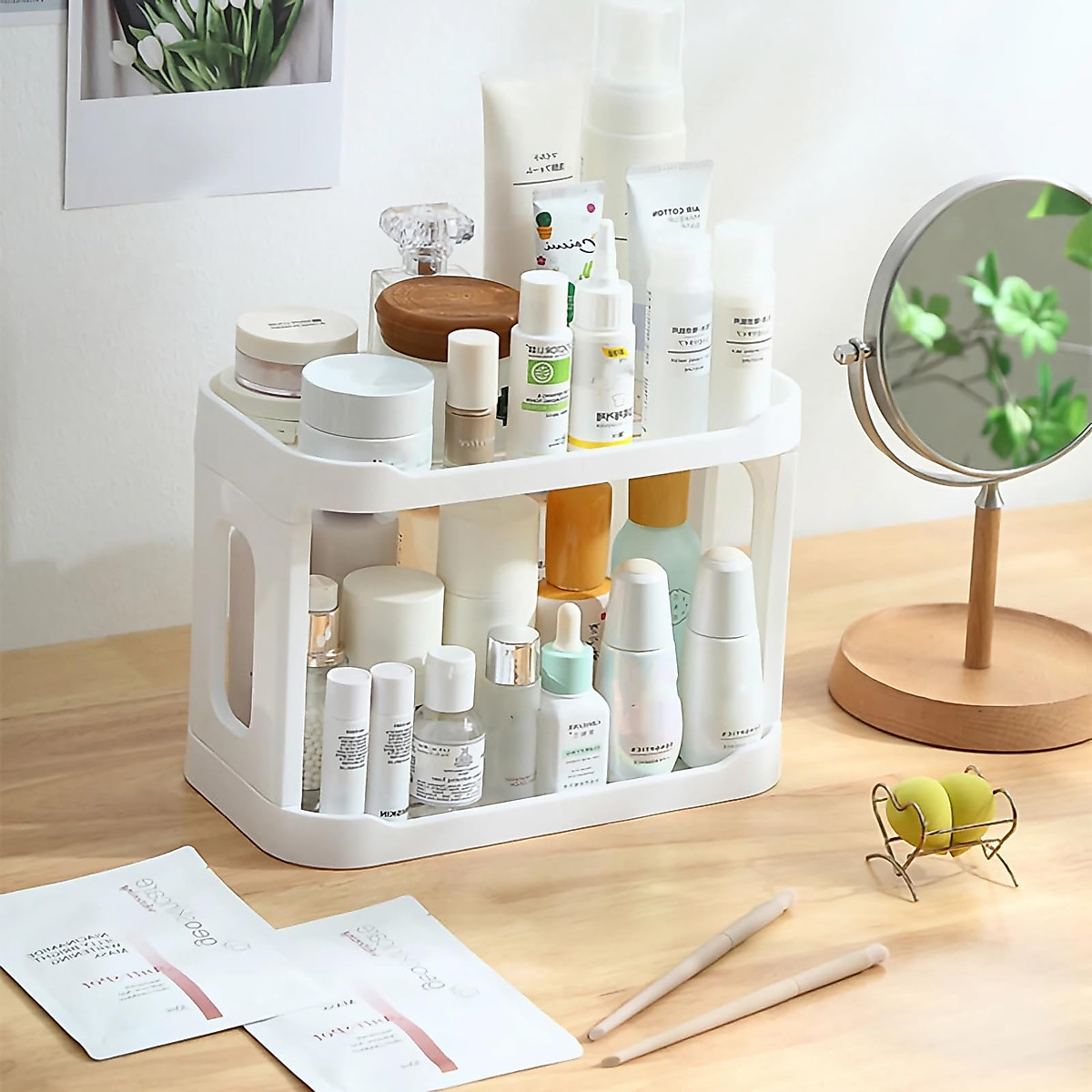 XUDAUP 2-Tier Bathroom Organizers Countertop Spice Rack Vanity Destop Storage Shelf Makeup Organization for Kitchen Bathroom Desk Office School (White)