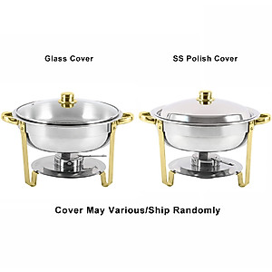 Restlrious Chafing Dish Buffet Set Round Stainless Steel 5QT Chafers and Buffet Warmers Sets for Catering, Complete Chafing Set with Water Pan, Food Pan, Fuel Holder and Lid in Gold Accents, 1 Pack