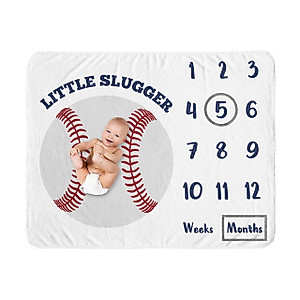 Sweet Jojo Designs Baseball Boy Milestone Blanket Monthly Newborn First Year Growth Mat Baby Shower Memory Keepsake Gift Picture - Red White and Blue Americana Sports Little Slugger