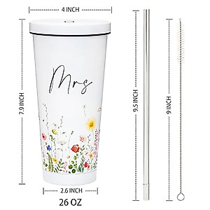 Crisky Wildflower Mrs Gifs Bride Cup for Wedding Engagement Bridal Shower Stainless Insulated Tumbler with Lid & Box 26 OZ