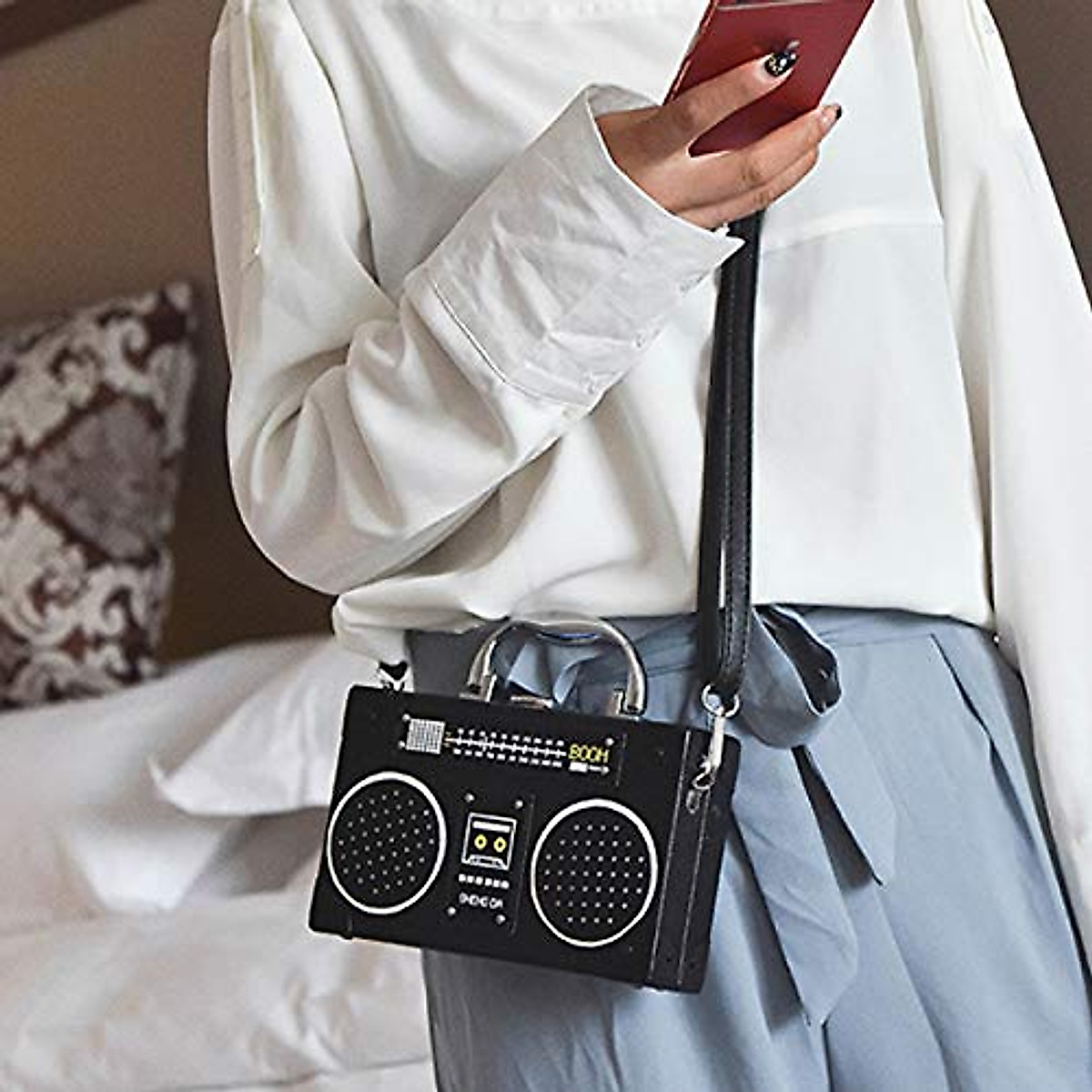 CLARA Vintage Radio Shaped Crossbody Bag Clip Clasp Shoulder Bag PU Leather Top Handle Purse Black