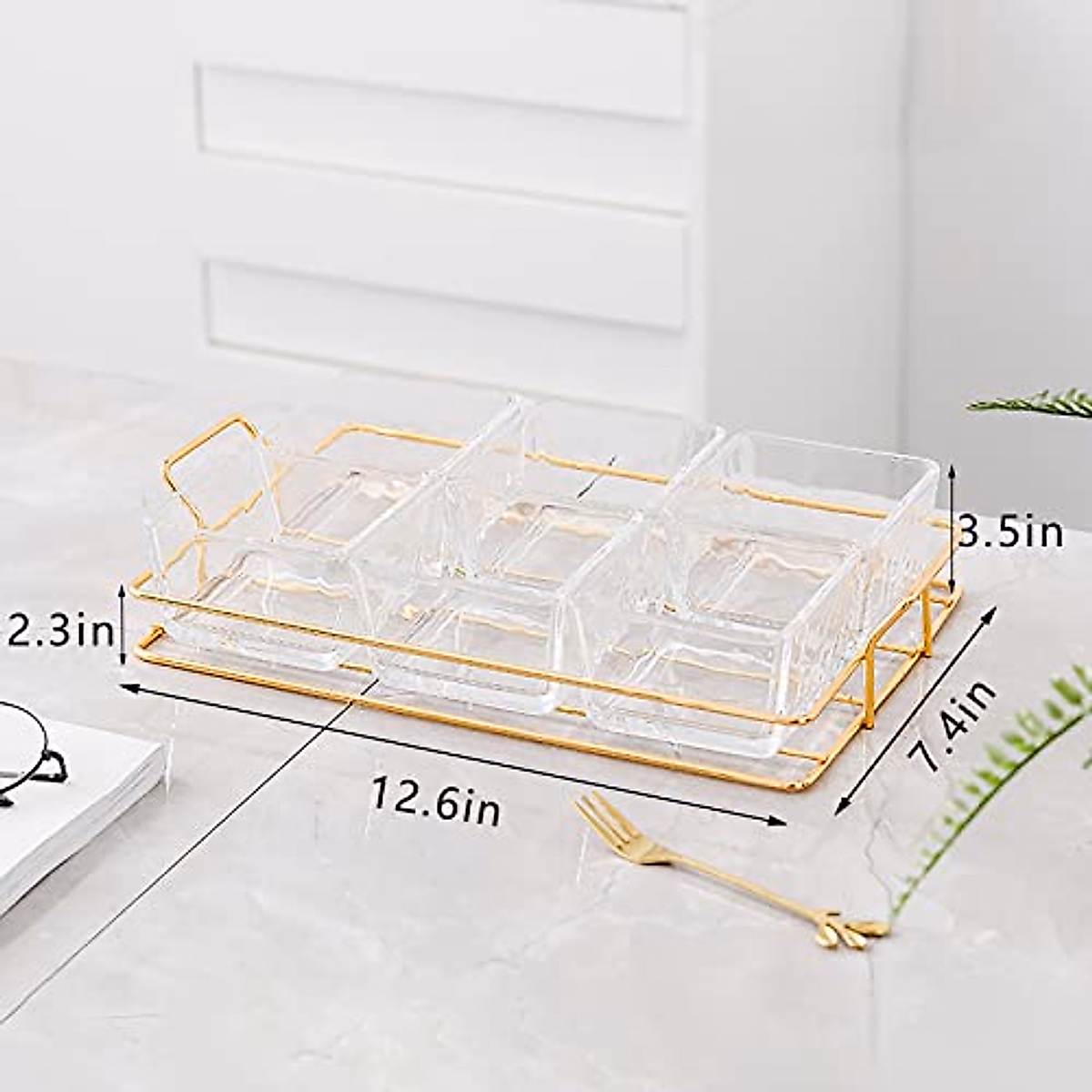 XKXKKE 6 Clear Glass Bowls Set with Gold Metal Rack, Condiment Dishes Serving Bowls Buffet Server Food Display Relish Tray for Fruit Dessert Appetizer Nuts Snacks Candy Chip Dip