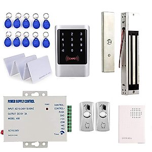 MENGQI-CONTROL Door Entry System with RFID Keypad Reader+Electromagnetic Lock(Waterproof)+110V Power Supply Box+2 Push to Exit Button+Door Bell+RFID Keychains/Cards