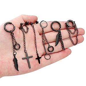 FIFATA 20 Pieces Men Earrings Set - Black Stainless Steel Chain Hoop Earrings Cross Moon and Star Dangle Earrings Piercing Jewelry for Men Women