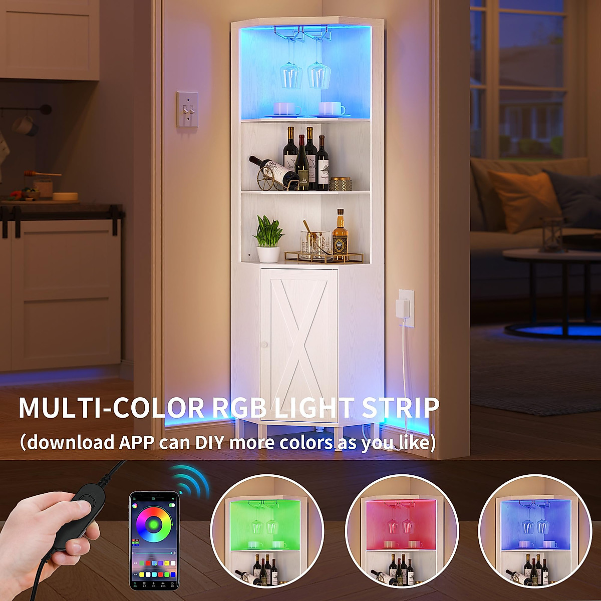 YITAHOME Corner Bar Cabinet with LED Lights & Glass Holder, 5 Tier Corner Shelf with Storage, Wine Rack Cabinet Display Shelves for Living Room, Dining Room, Kitchen, White