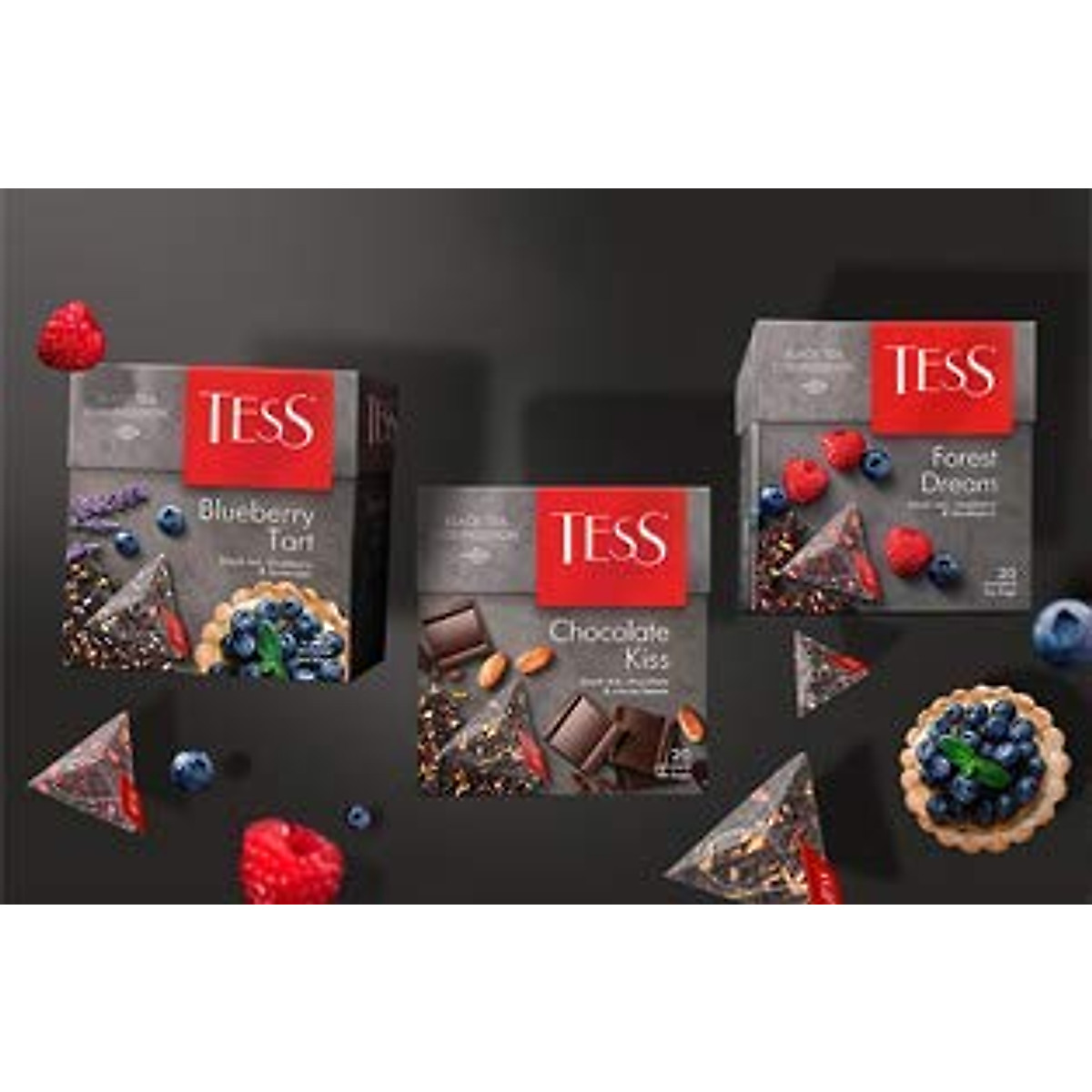 Tess Blueberry Tart Black Tea Composition Blueberry and Lavander Leaf Tea in 20 Pyramid Sachets