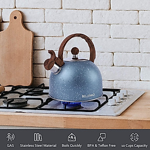 BELANKO 2.3 Quart / 2.5 Liter Stainless Steel Tea Kettles, Food Grade Stovetops Tea pot with Wood Pattern Handle Loud Whistling for Tea, Coffee, Milk etc, Gas Electric Applicable - Blue