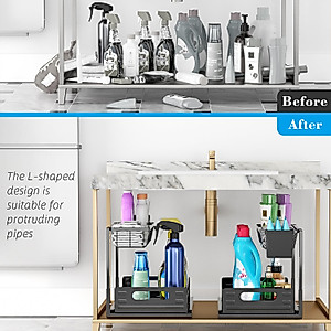 untovei 2 Pack Under Sink Organizer, Metal Pull Out Under the Sink Organizer Bathroom,2 Tier under kitchen sink organizers and storage with hanging cups,Under Sink Mat for Bathroom/kitchen/cabinet