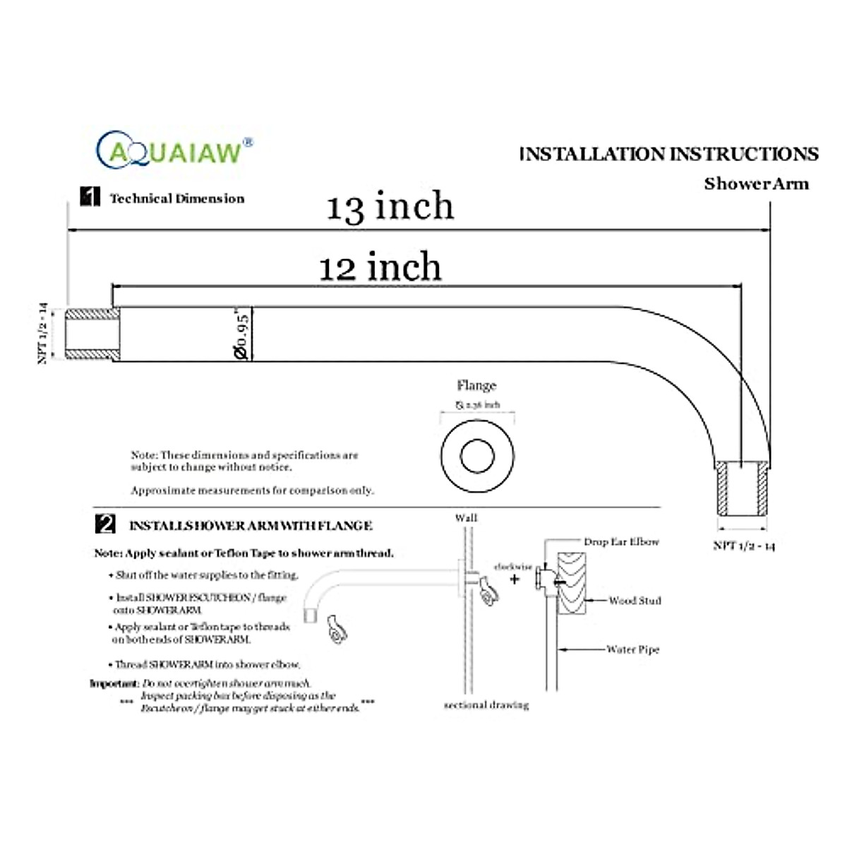 Aquaiaw Shower Arm and O-Ring Flange, 12 inch, Solid Brass, Round, Both 1/2 NPT Tapered Threads, Bent Shower Arm, Wall Mount Shower Head Extension Arm, Rainfall Shower Head Arm (Matte Black)