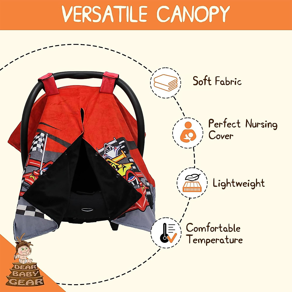 Dear Baby Gear Car Seat Canopy - Premium Infant Car Seat Cover for Maximum Protection and Style - Breathable - Car Seat Canopy for Boys/Girls - Race Car Print/Black Smooth, 40" x 30"