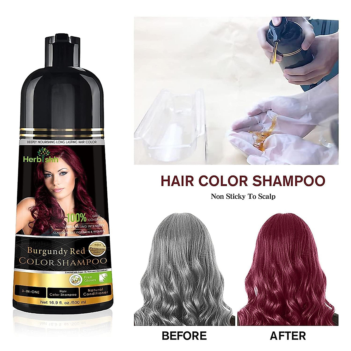Combo Pack - Herbishh Color Shampoo for Gray Hair + Argan Intense Hair Mask - Long-lasting Dye, Colors in Minutes - Stimulates Dry, Frizzy Hair - 500 ml (Burgundy)