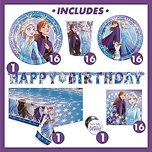 Frozen Birthday Party Supplies Set | Frozen Party Decorations | Frozen Party Supplies | Frozen 2 Theme With Elsa, Anna & Olaf for Boys & Girls | With Banner, Tablecloth / Table Cover, Dinner & Cake Plates, Napkins, Cups, Button | Serves 16 Guests