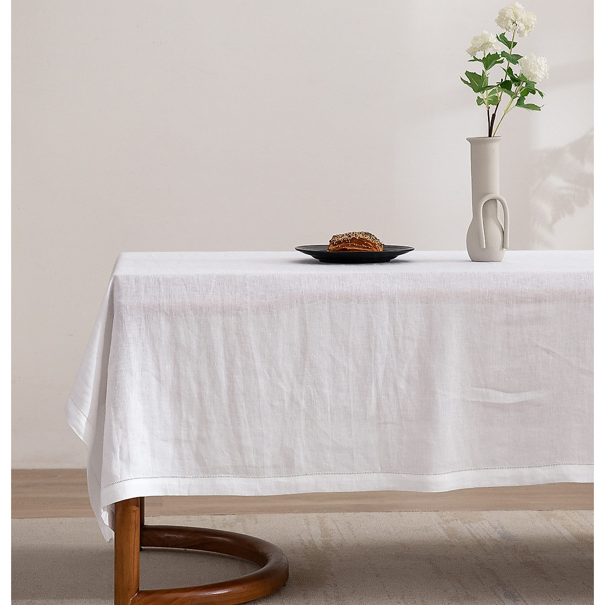 EVERLY Pure Linen Hemstitch Tablecloth,100% Stonewashed French Linen tablecloths for Kitchen Dining Rectangle Tables,60x108Inch Machine Washable Christmas Thanksgiving Organic Tablecloth-White