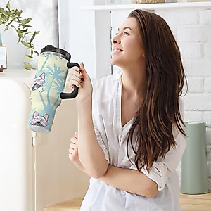 pnyoin Summer Bulldog Insulated Tumblers With Handle And Straw 30 oz Stainless Steel Tumbler Cups With Lid Leakproof BPA-Free Water Bottle,Cup Holder Compatible for Travel