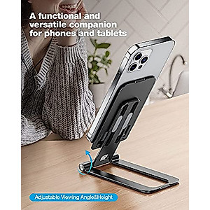 MEISO Cell Phone Stand, Fully Foldable Phone Holder for Desk, Desktop Mobile Phone Cradle Dock Compatible with iPhone, Samsung Galaxy, iPad Mini, Tablets Up to 10” (Black)