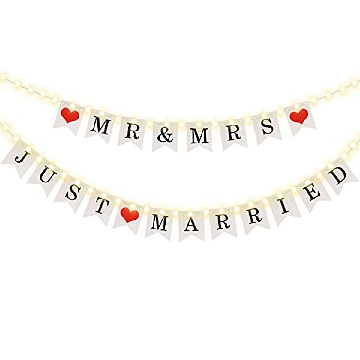 Mr and Mrs Just Married Banner, Wedding Bunting Banner with LED Fairy String Light 8 Flicker Mode, Hanging Sign Garland Pennant Photo Booth Props for Bridal Shower Wedding Engagement Car Party