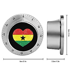Ghana Retro Heart Flag 60 Minute Timer Stainless Steel Wind Up Timer Magnetic Timer Time Management for Cooking Kitchen