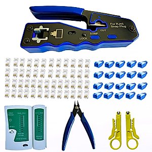 Rj45 Crimp Tool Kit Pass Through and Standard Cat6 Cat6A Cat5 Cat5e rj45 Crimping Tool with 50pcs rj45 Cat6 Pass Through Connectors, 20pcs Covers, 1 Network Cable Tester, 2 Wire Strippers, 1 Cutter