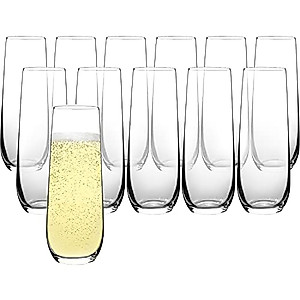 FAWLES Stemless Champagne Flutes Set of 12, Crystal Glass, 8 oz Champagne Glasses, Prosecco Mimosa Glasses Set